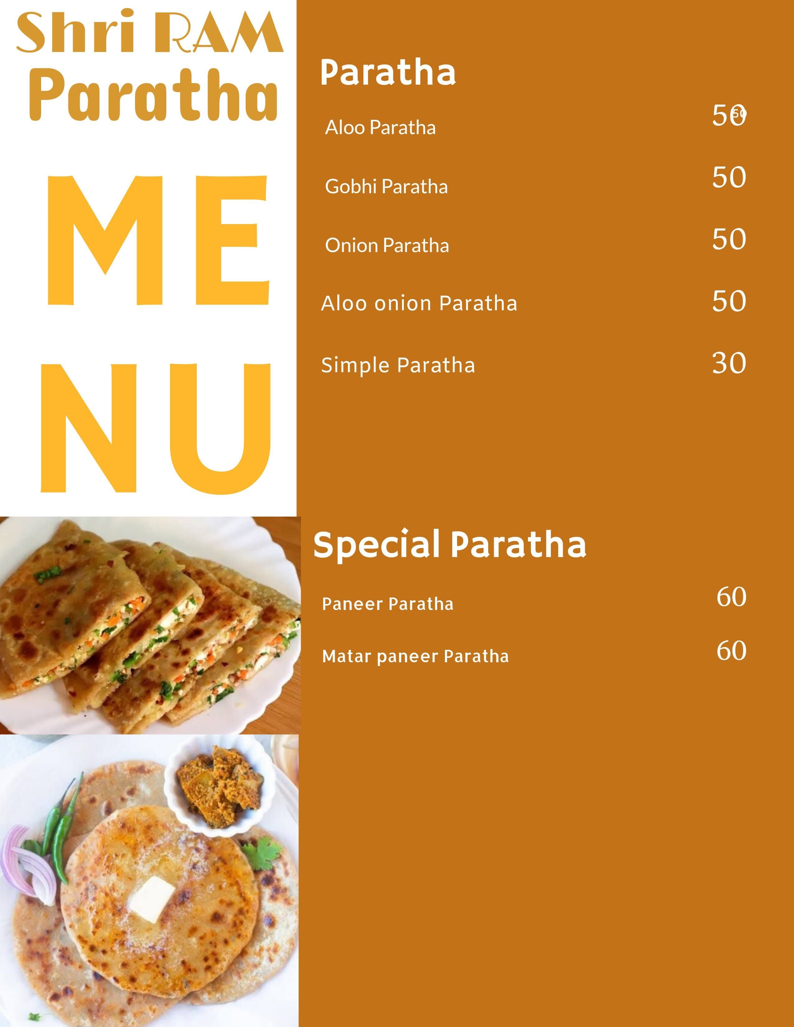Menu of Shri Ram Paratha, Durga Puri, New Delhi