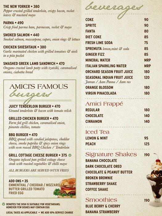 Menu at Amici Pronto, New Delhi