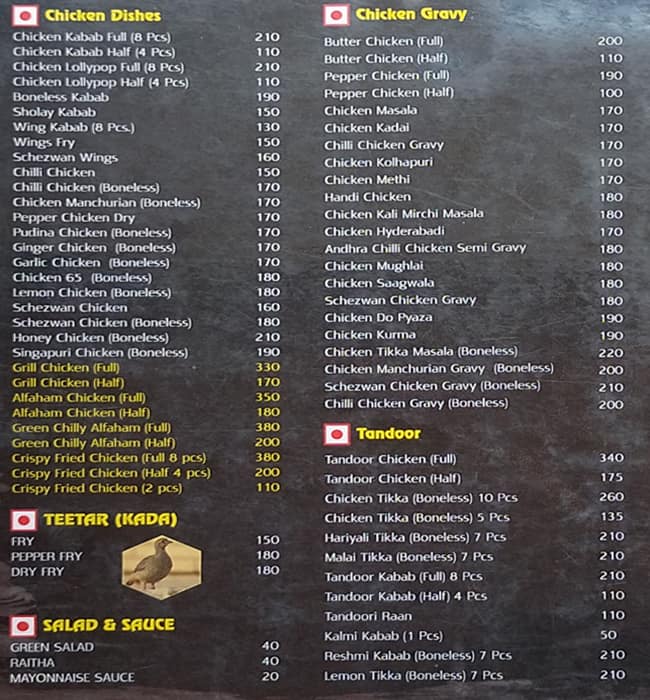 Menu of Kabab Mehal, Kanakapura Road, Bangalore