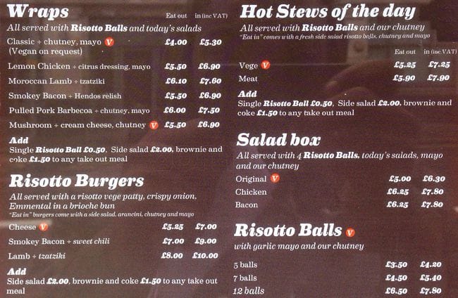 Menu at Arancini Brothers Dalston restaurant, London, 592 Kingsland Rd