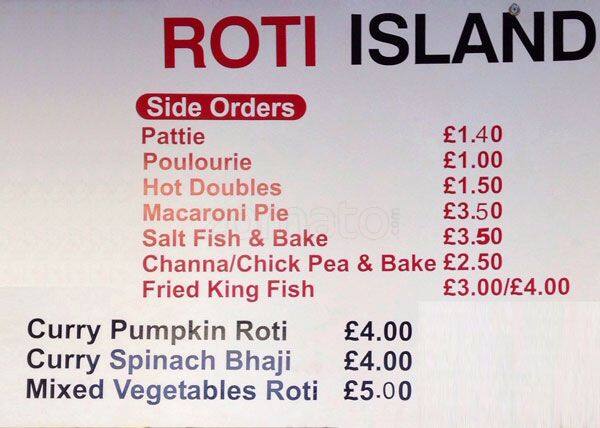 Menu at Roti Island restaurant, London, 209 Portland Rd