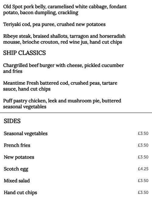 Menu at The Ship pub & bar, London, 41 Jews Row