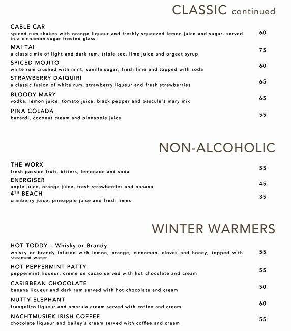 Carta de Bascule Bar and Lounge, Ciudad del Cabo