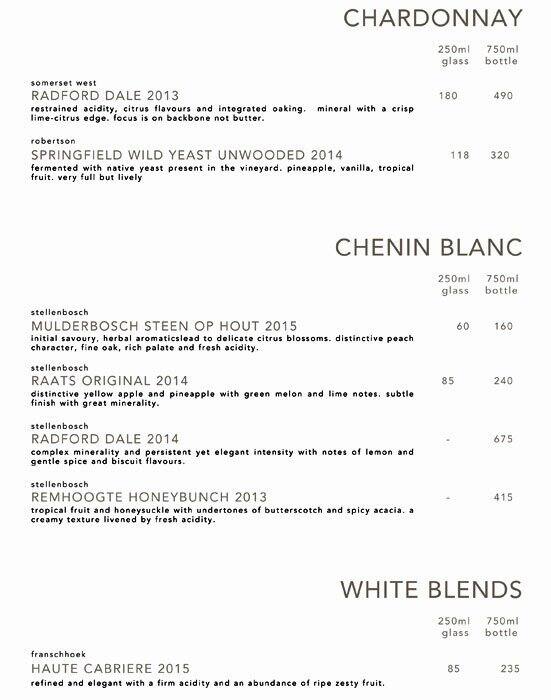 Carta de Bascule Bar and Lounge, Ciudad del Cabo