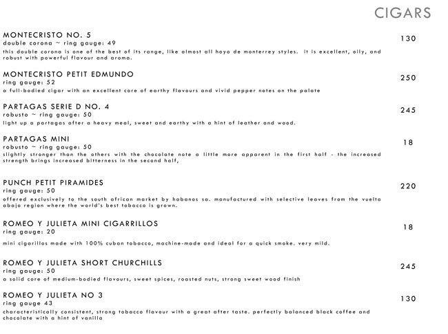 Carta de Bascule Bar and Lounge, Ciudad del Cabo