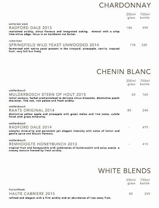 Speisekarte von Bascule Bar, Kapstadt