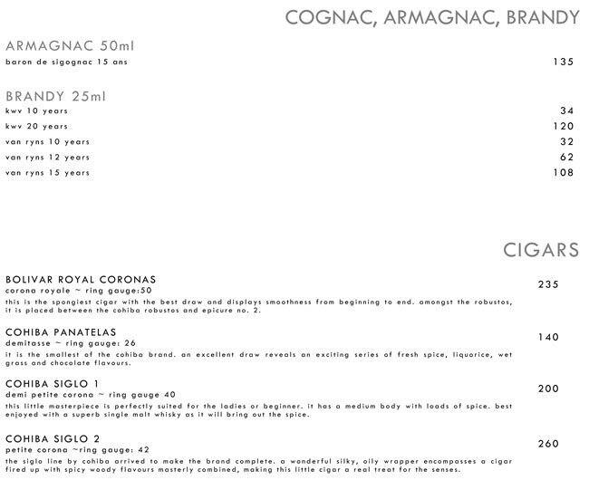 Carta de Bascule Bar and Lounge, Ciudad del Cabo