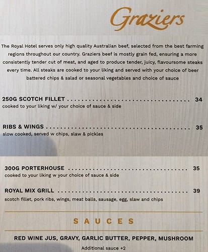 Menu at Royal Hotel pub & bar, Essendon