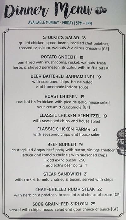 Menu at Stock Exchange Hotel pub & bar, Brisbane City