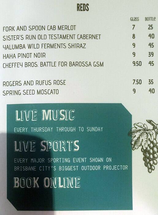 Menu at Stock Exchange Hotel pub & bar, Brisbane City