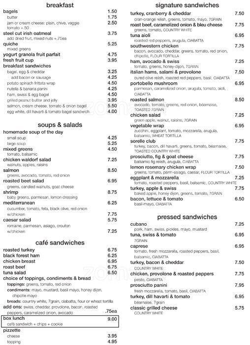 Menu at Sorelle Bakery & Cafe, Boston, 282 Congress St