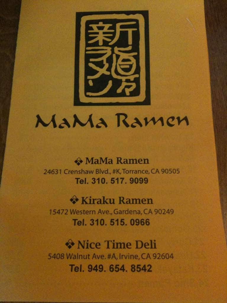 Menu at Mama Ramen restaurant, Torrance
