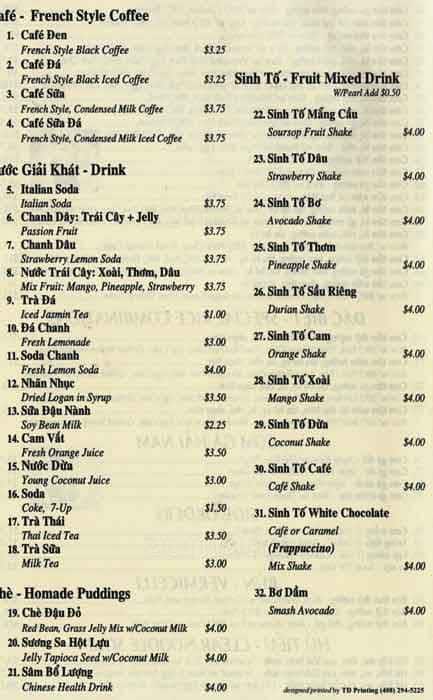 Menu at Com Tam Thien Huong restaurant, San Jose, E Capitol Expy