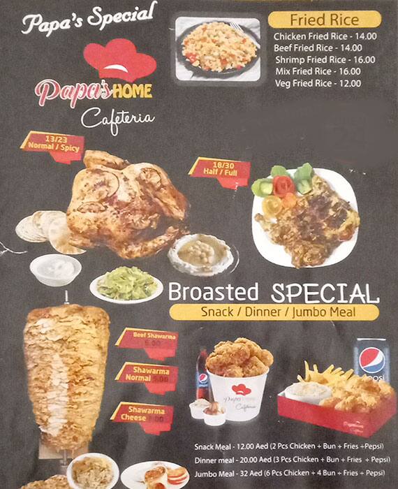Menu at Papa's Home Cafeteria, Dubai