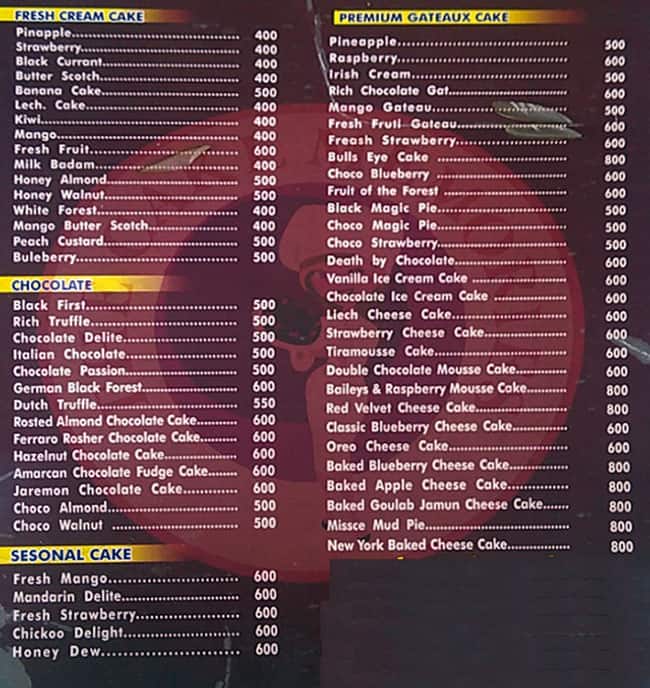 Menu of Cake Memories, HSR, Bangalore