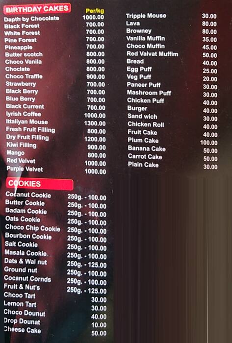 Menu of Cake Forum, Whitefield, Bangalore