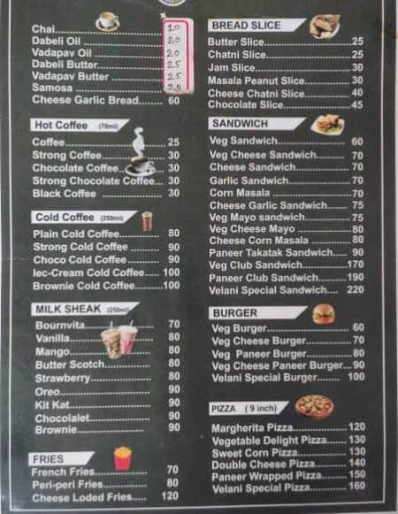 Menu of Velani Fast Food, Airport Gandhinagar Highway, Gandhinagar