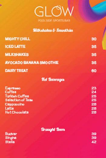 Menu at Glow - Poolside Sports Bar, Abu Dhabi