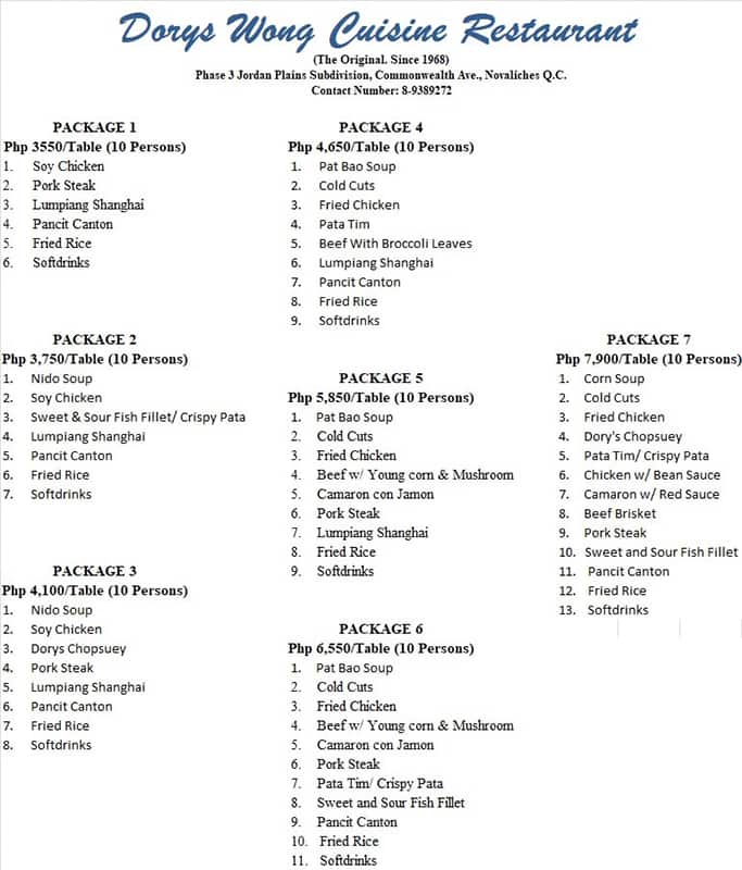 Menu at Dory's Wong Cuisine Restaurant, Quezon City, 6 Thessalonians