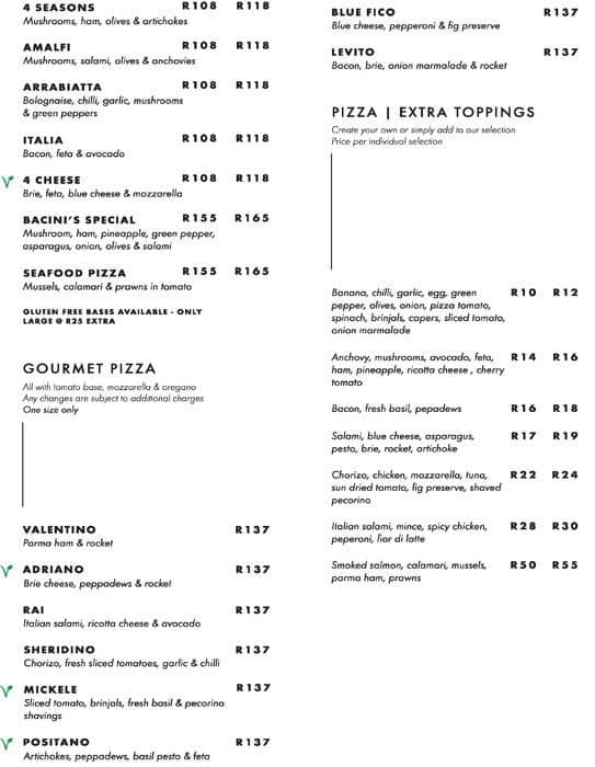 Menu at Bacini's On Kloof restaurant, Cape Town