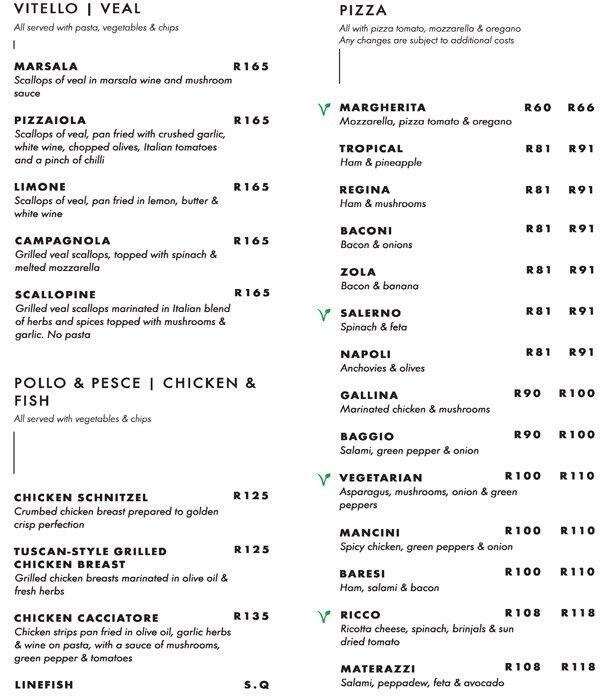 Menu at Bacini's On Kloof restaurant, Cape Town