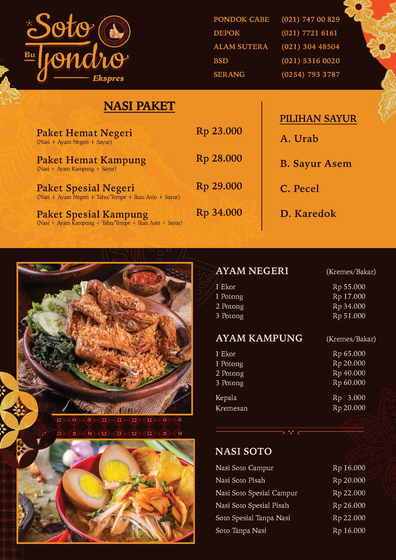 Menu at Soto Bu Tjondro Ekspres restaurant, South Tangerang, Ruko Alam ...