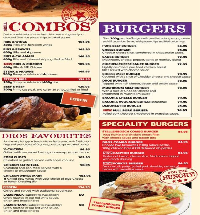Menu au Dros pub et bar, Pretoria, Jean Ave