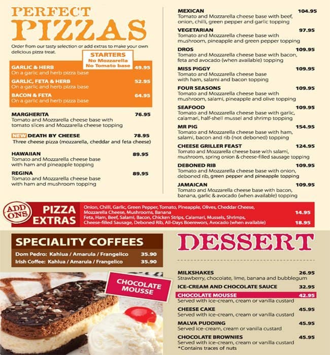 Menu au Dros pub et bar, Pretoria, Jean Ave