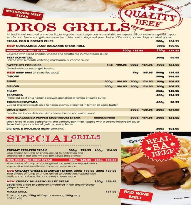 Menu au Dros pub et bar, Pretoria, Jean Ave