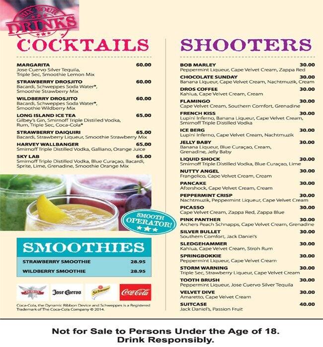 Menu au Dros pub et bar, Pretoria, Jean Ave