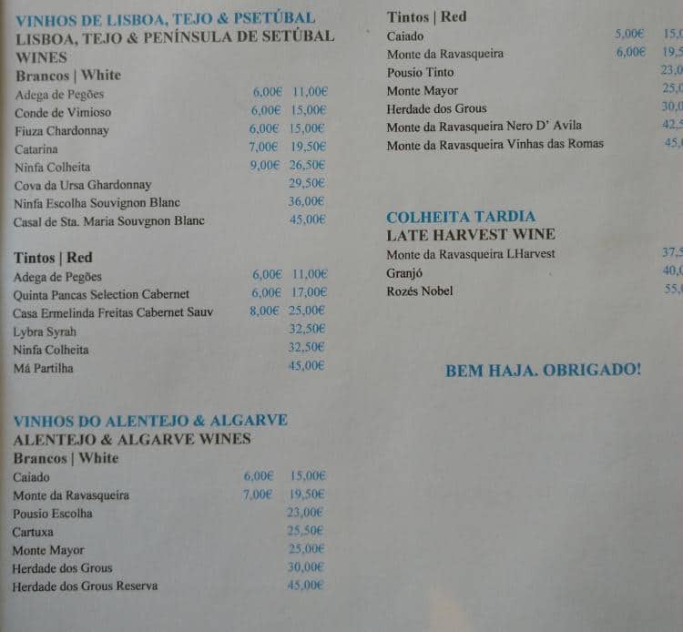 Menu at Chefe Cordeiro restaurant, Lisbon