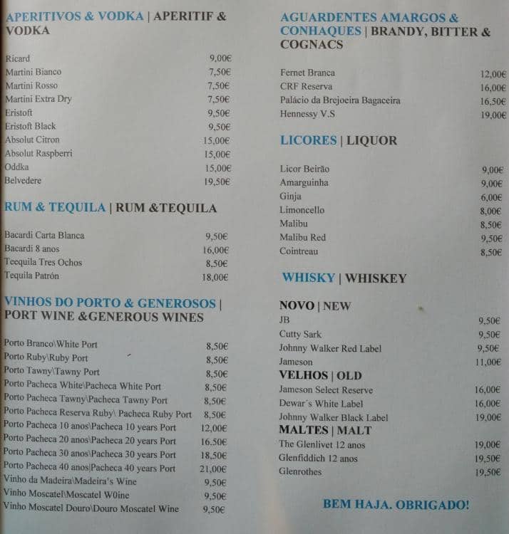 Menu em Chefe Cordeiro restaurante, Lisboa