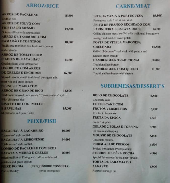 Menu at Chefe Cordeiro restaurant, Lisbon