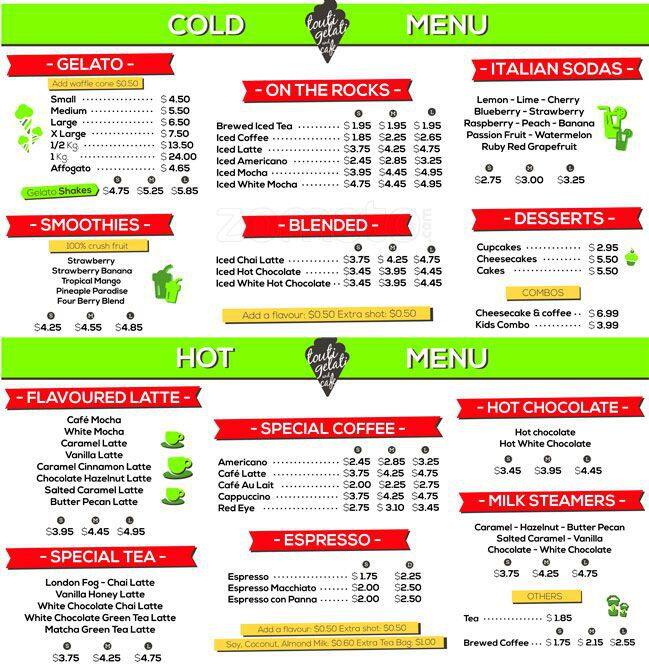 Menu at Touti Gelati cafe, Toronto, Queen St E