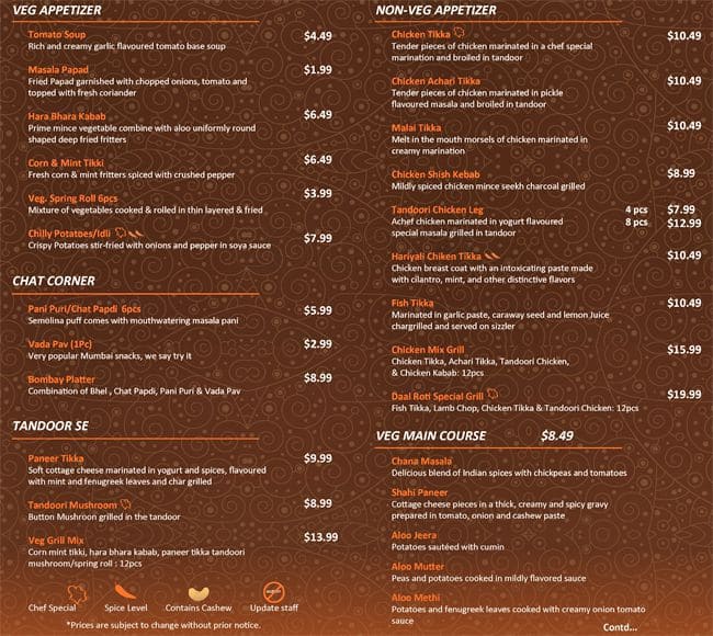 Menu at Daal Roti restaurant, Mississauga, 25 Watline Ave #16