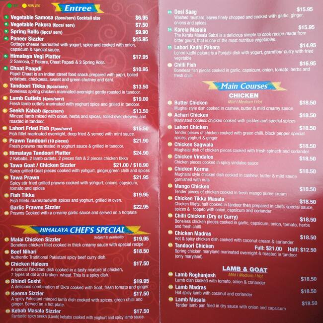 Menu at Himalaya restaurant, Rockdale