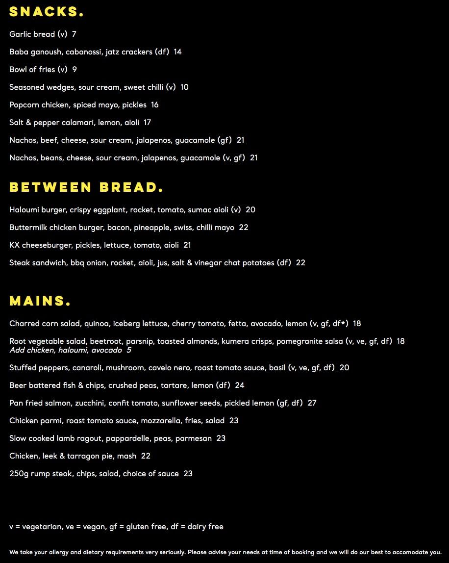 Menu at Kings Cross Hotel pub & bar, Sydney, 244-248 William St