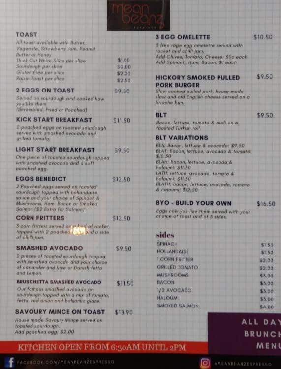 Carta del café Mean Beanz Espresso, Kelvin Grove