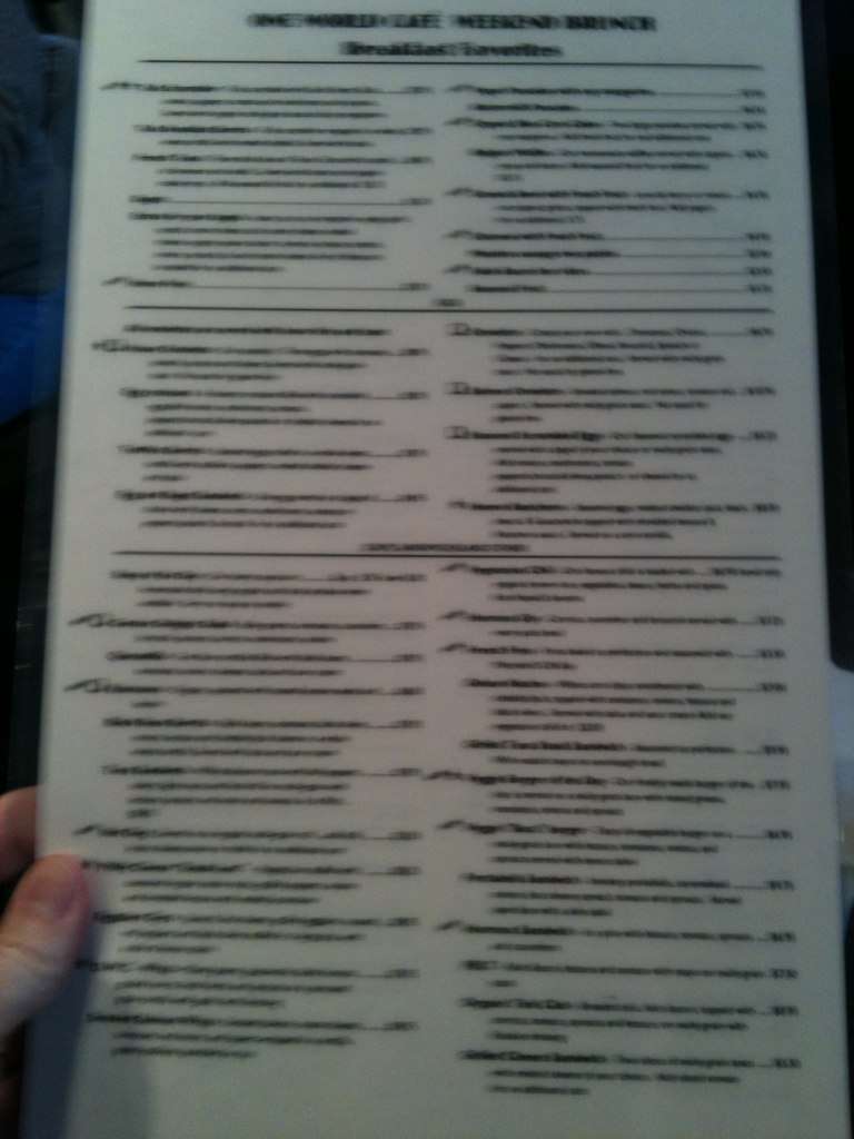 Menu at One World Café pub & bar, Baltimore