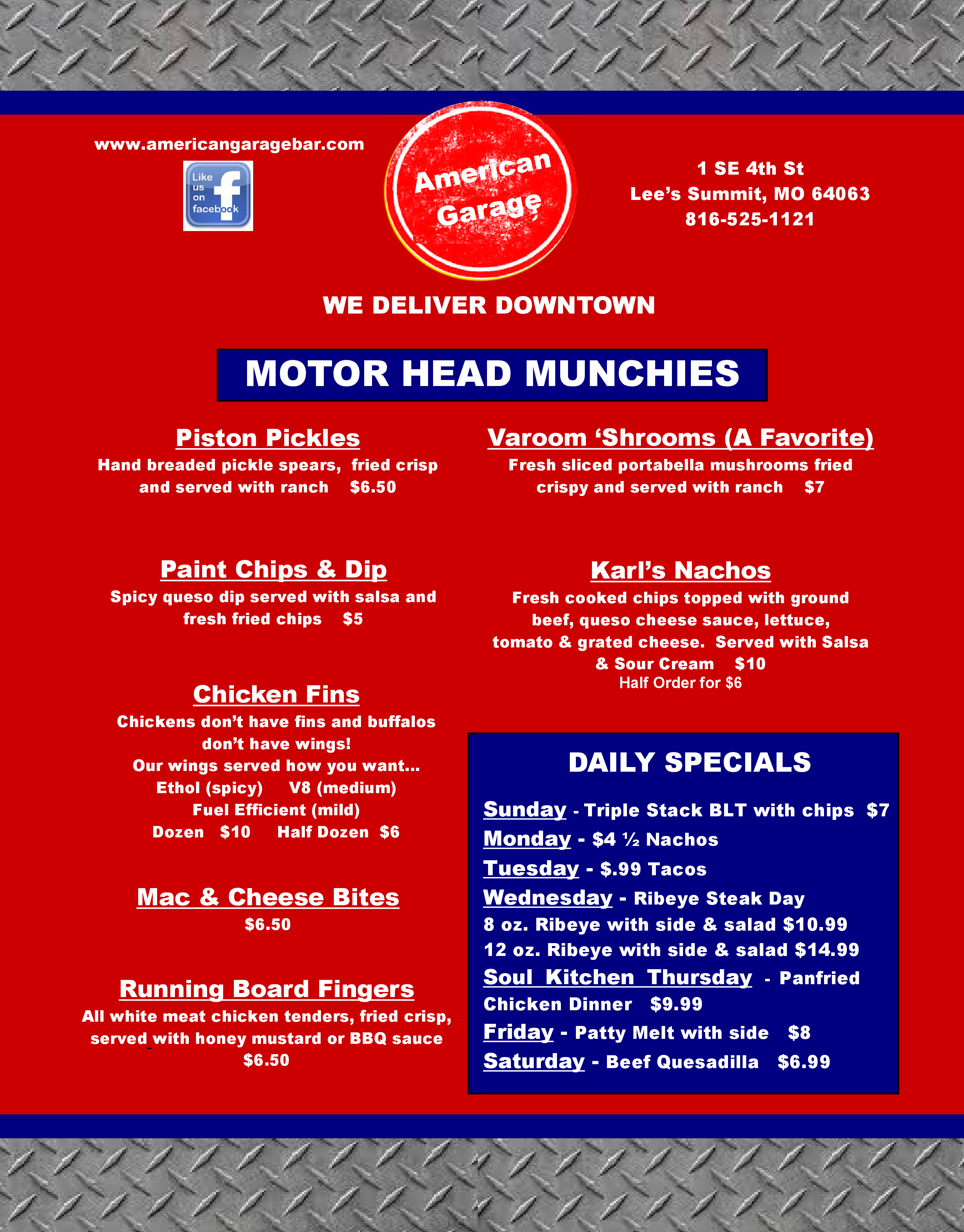 Menu at American Garage pub & bar, Lee's Summit