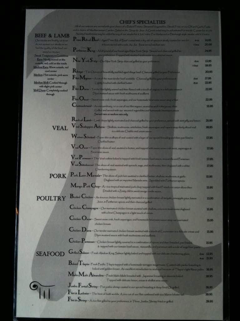 Menu at Parthenon Grille steakhouse, Murfreesboro