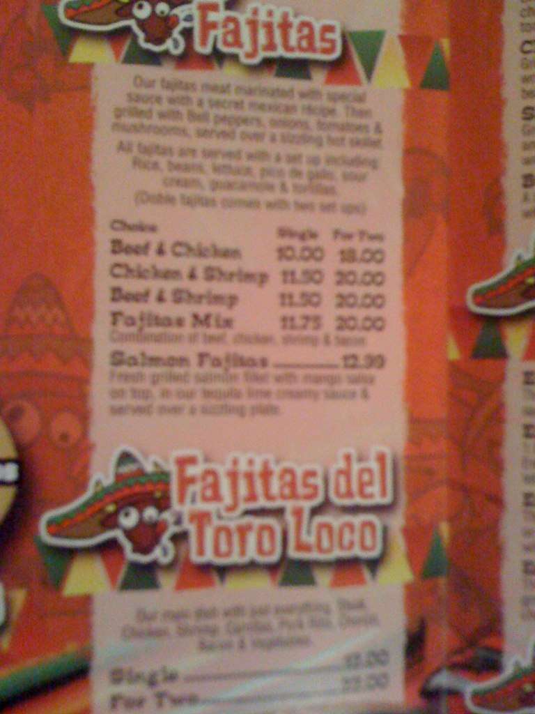 Menu at El Toro Loco restaurant, Memphis, Kirby Rd #109