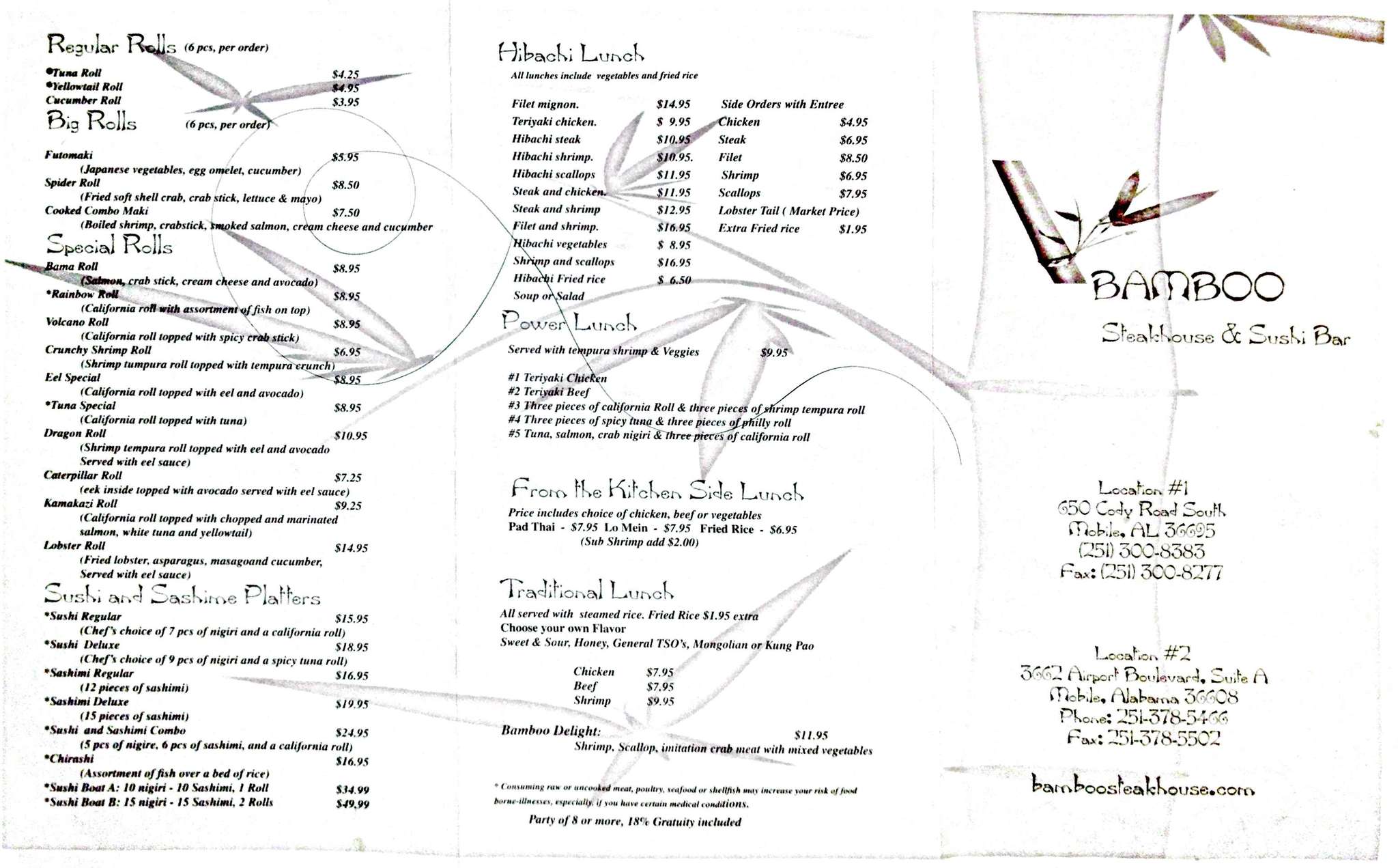 Menu at Bamboo Steakhouse & Sushi Bar, Mobile