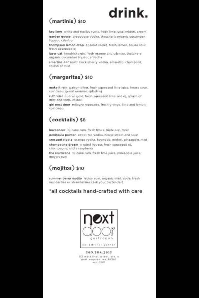 Menu at Next Door GastroPub, Port Angeles, 113 W 1st St