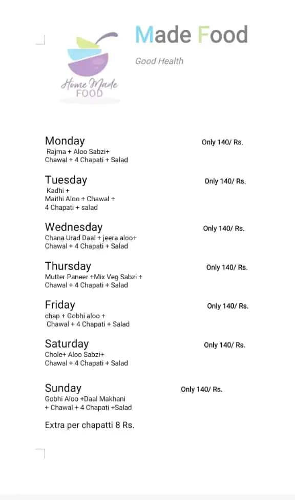 Menu of Home Made Food, Sector 45, Noida