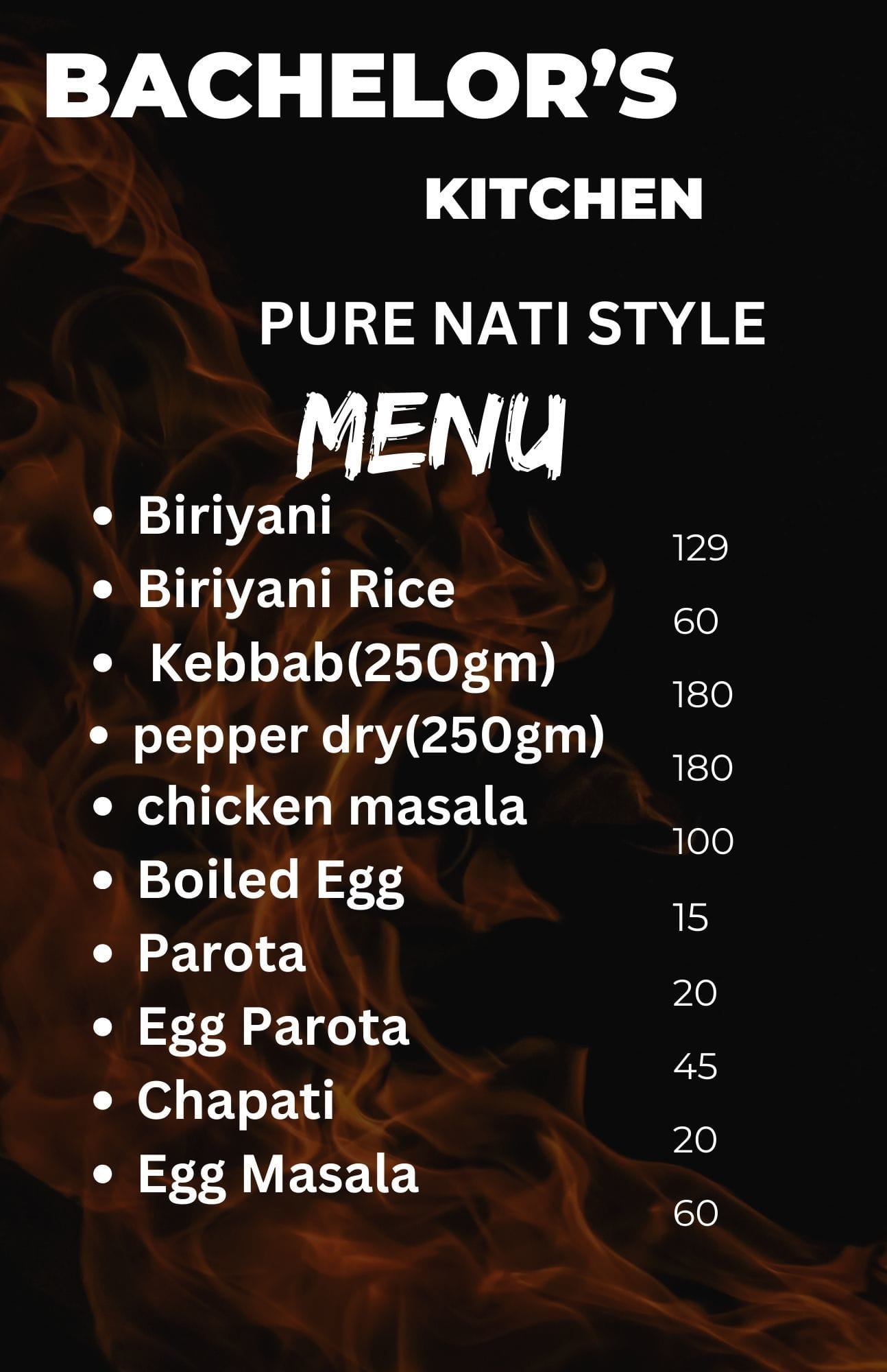Menu of Bachelor's Kitchen, Kuvempunagar, Mysore