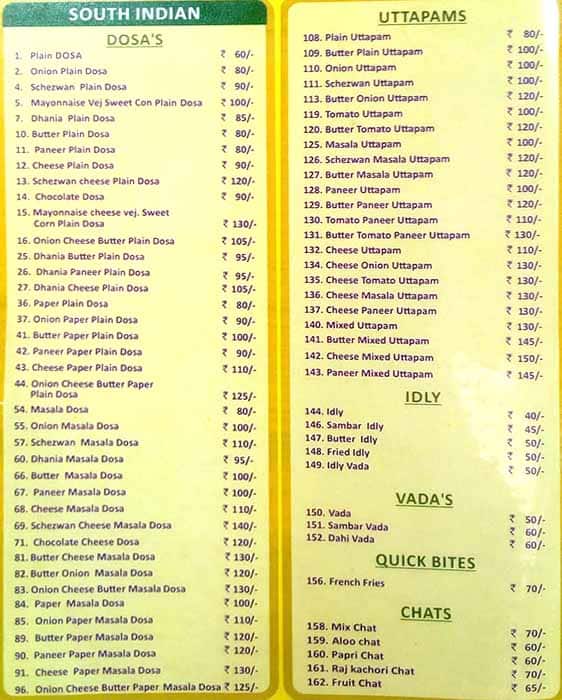 Menu of Sarang, New Market Area, Kolkata
