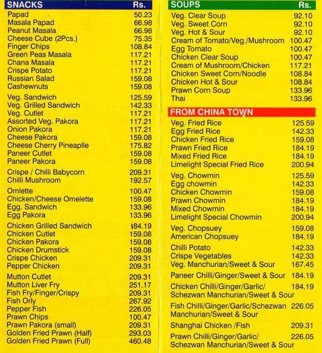 Limelight Restaurant & Bar Menu - Zomato