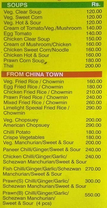 Menu of Limelight Restaurant & Bar, Dalhousie BBD Bagh, Kolkata