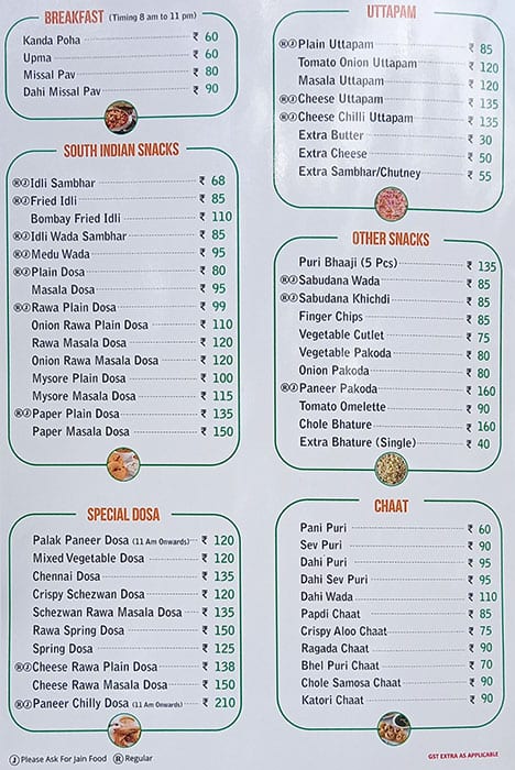 Menu of Ashoka's Veg Restaurant, Nirala Bazar, Aurangabad
